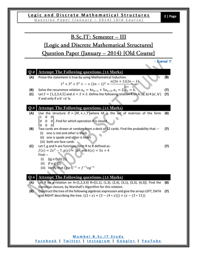 [Question Paper] Logic, Discrete Mathematical Structures (Old Course) [January / 2014] | PDF ...
