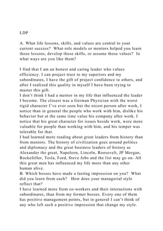 LDP A. What life lessons, skills, and values are central to yo.docx