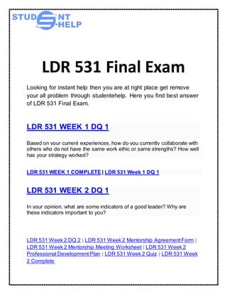 LDR 531 Final Exam Analysis | LDR 531 Final Exam Answers | LDR 531 Final Exam - Studentehelp | DOCX