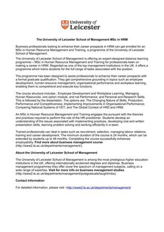 The University of Leicester School of Management MSc in HRM | PDF