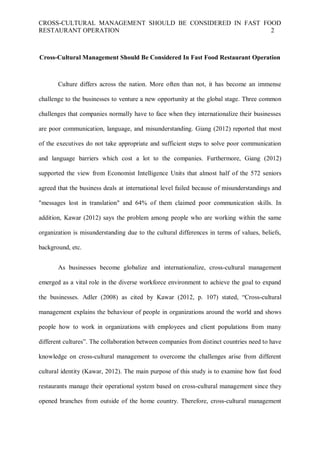 Cross Cultural Should Be Considered In Fast Food Restaurant Operation | PDF