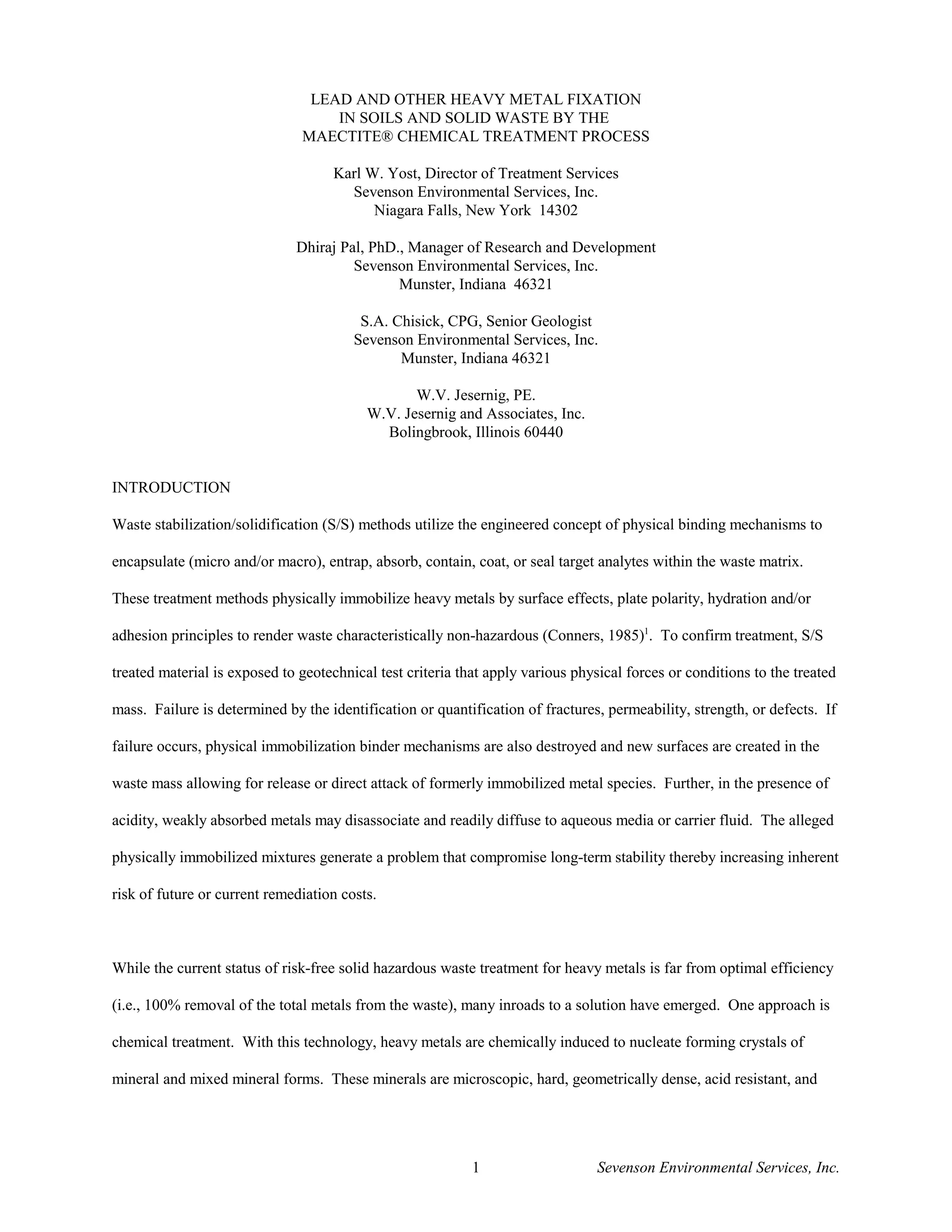 Lead and Heavy Metal Fixation in Soils and Solid Waste by the MAECTITE ...