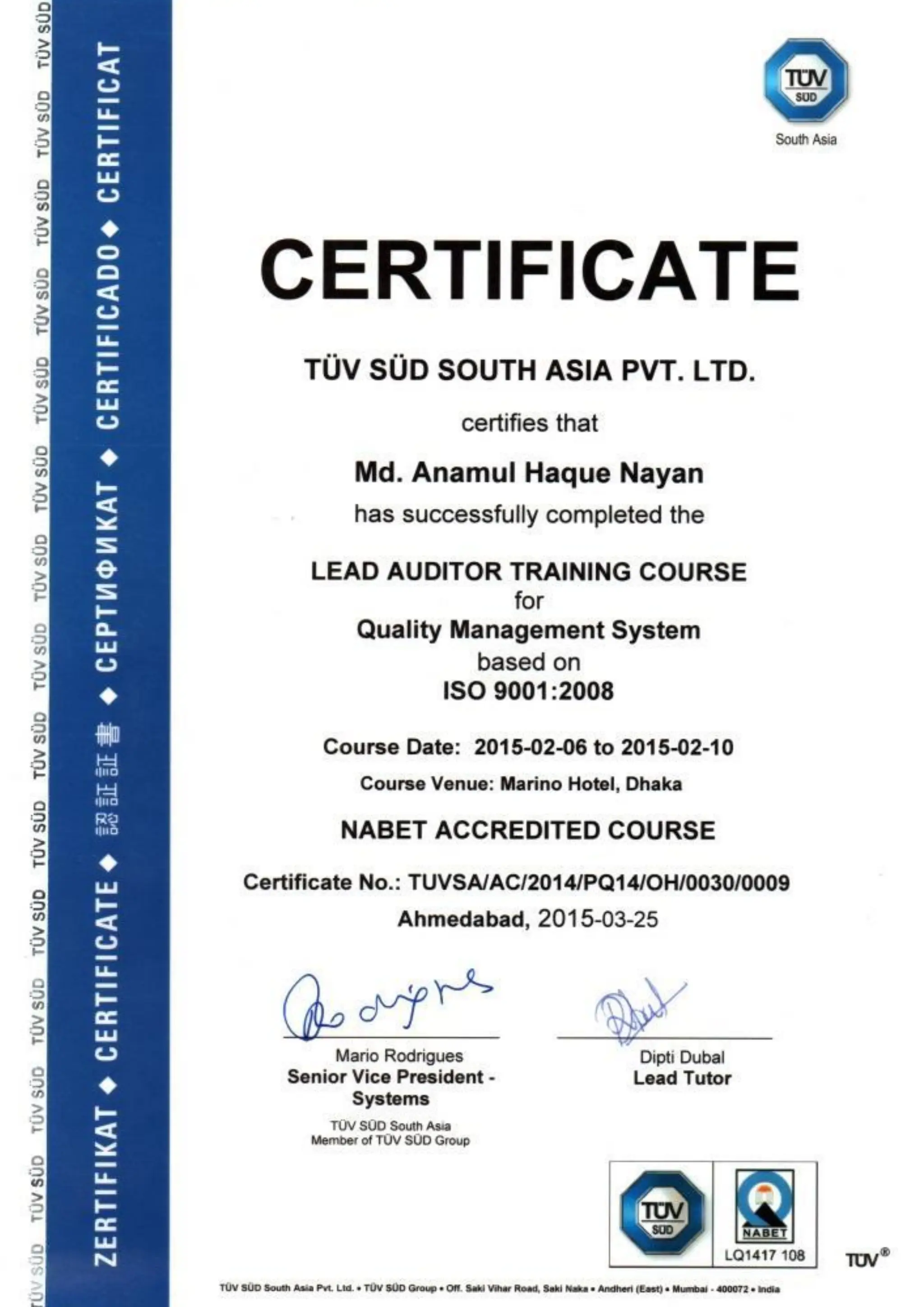 Lead Auditor Training Course Certificate for (QMS) based on ISO 9001 ...