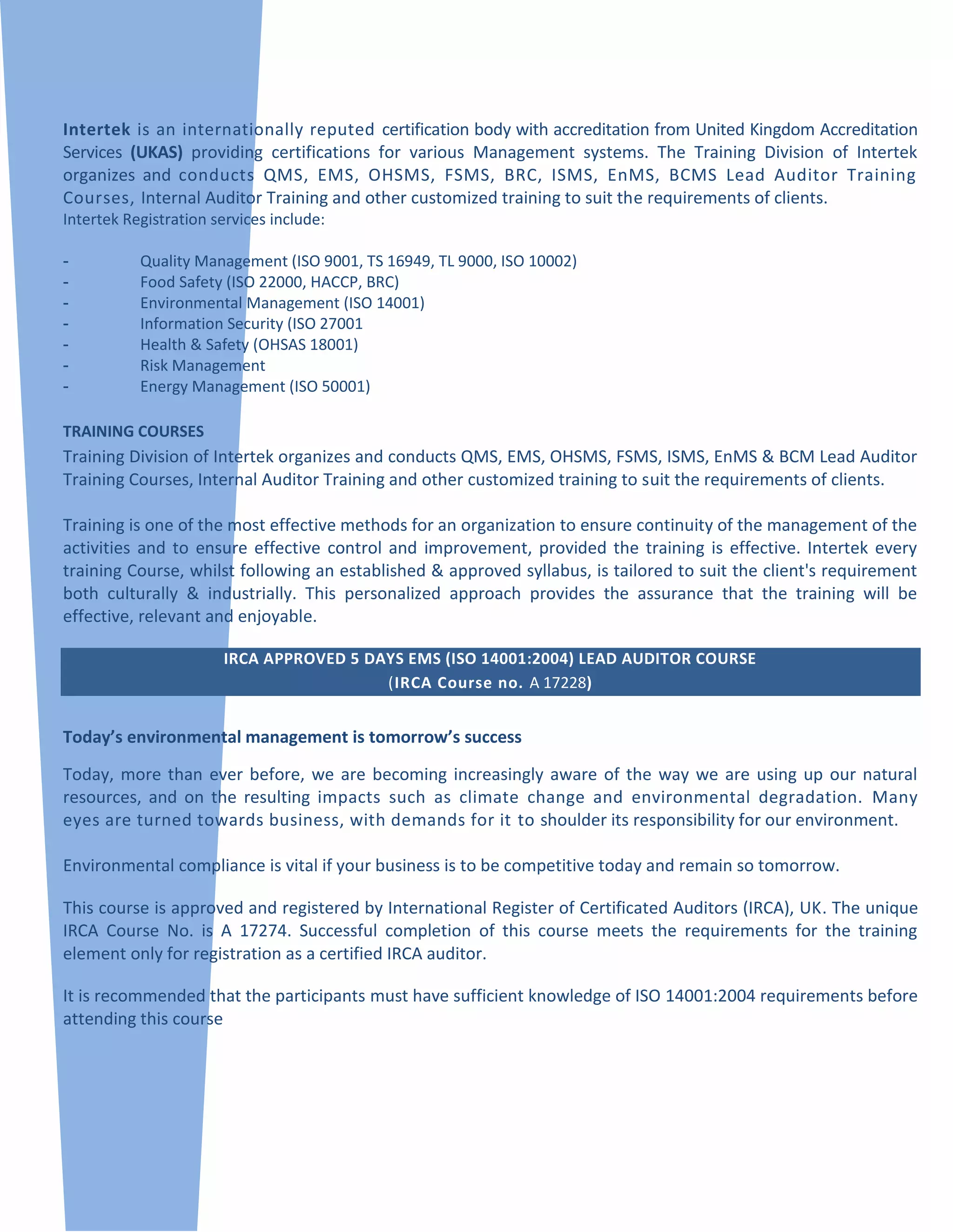Lead auditor training environmental management system irca approved | PDF