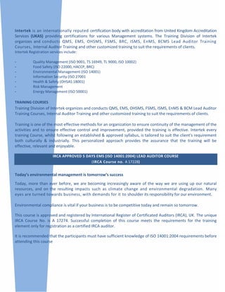 Lead auditor training environmental management system irca approved | PDF
