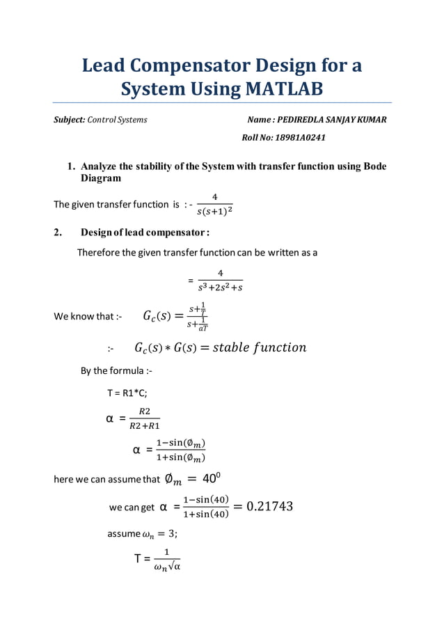 LEADCOMPENSATOR DESIGN FOR A SYSTEM USING MATLAB | PDF