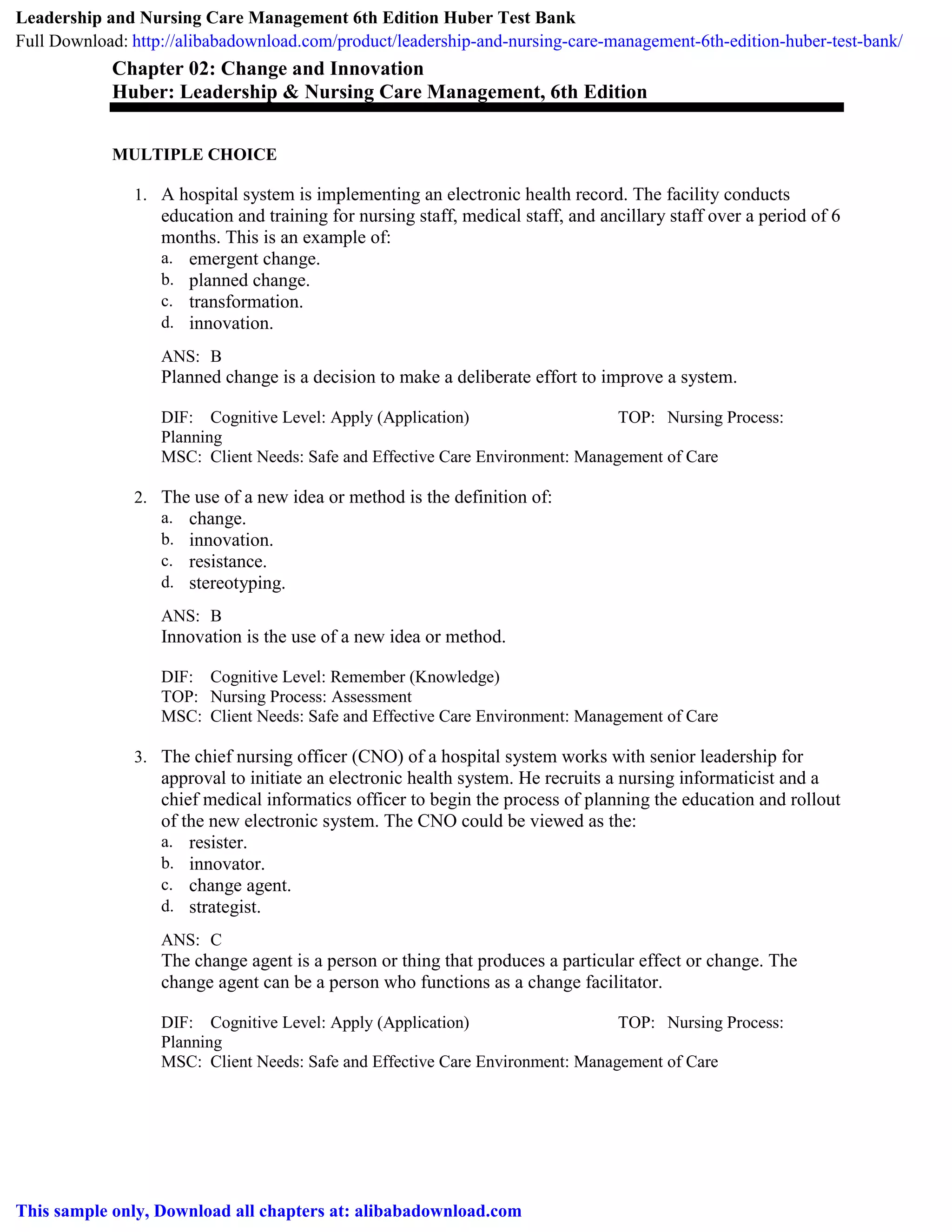 Leadership and Nursing Care Management 6th Edition Huber Test Bank | PDF