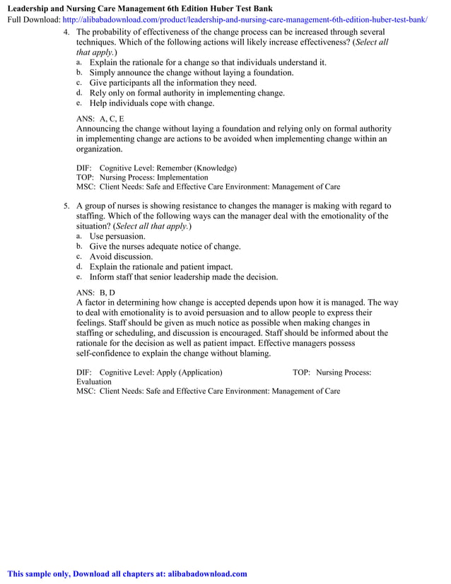 Leadership and Nursing Care Management 6th Edition Huber Test Bank | PDF