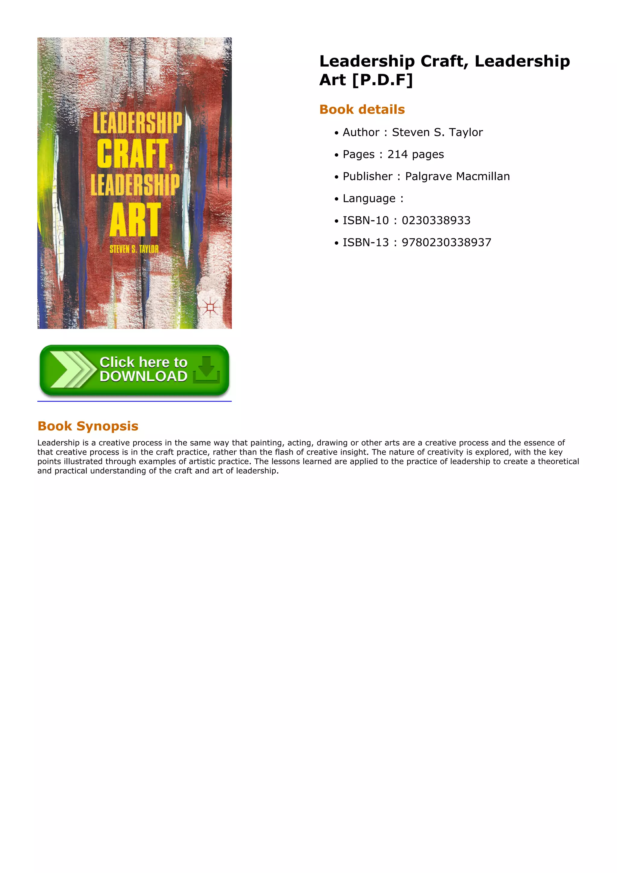 Leadership Craft, Leadership Art [P.D.F] | PDF