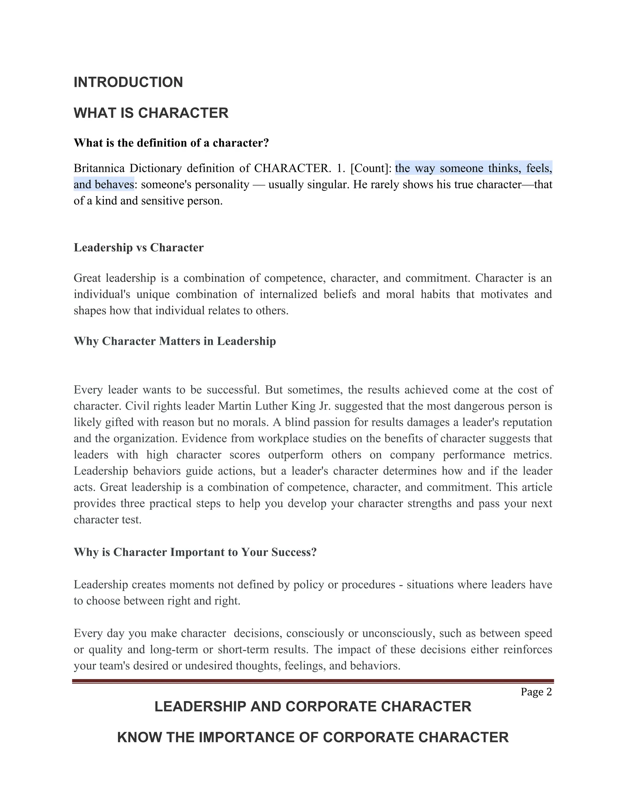 LEADERSHIP AND CORPORATE CHARACTER KNOW THE IMPORTANCE OF CORPORATE ...