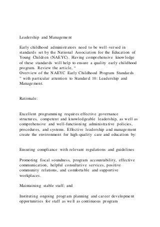 Leadership and ManagementEarly childhood administrators need | PDF