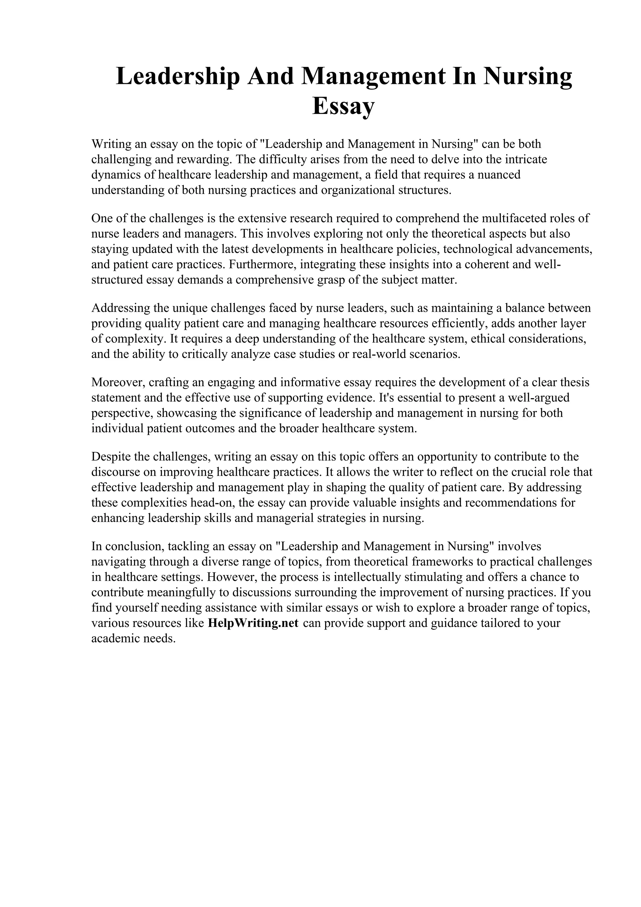 Leadership And Management In Nursing Essay | PDF