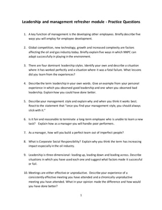 Leadership and management refesher module practice questions | DOCX