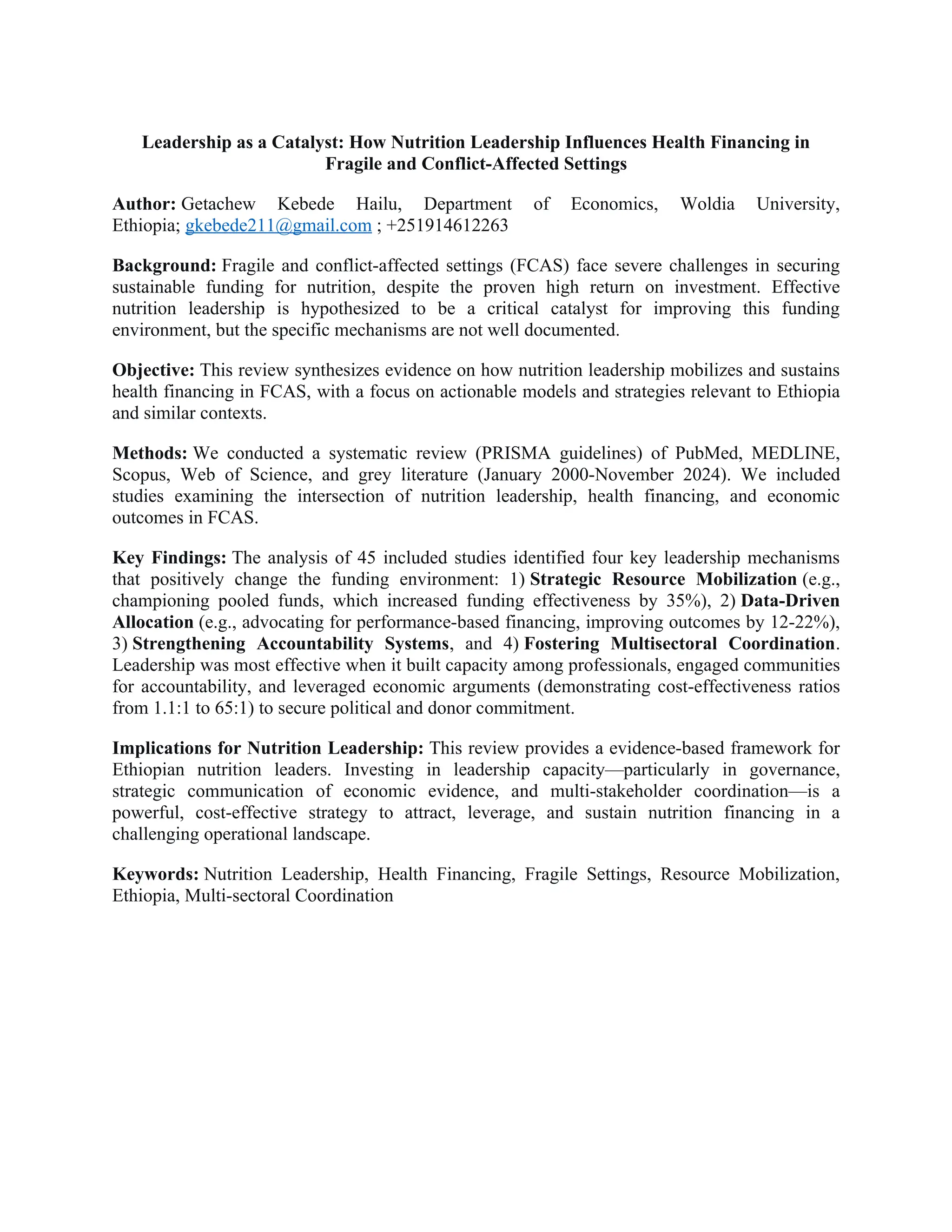 Leadership as a Catalyst How Nutrition Leadership Influences Health Financing in Fragile and ...