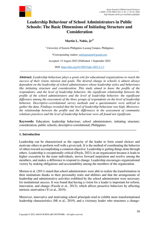 Leadership Behaviour of School Administrators in Public Schools: The ...