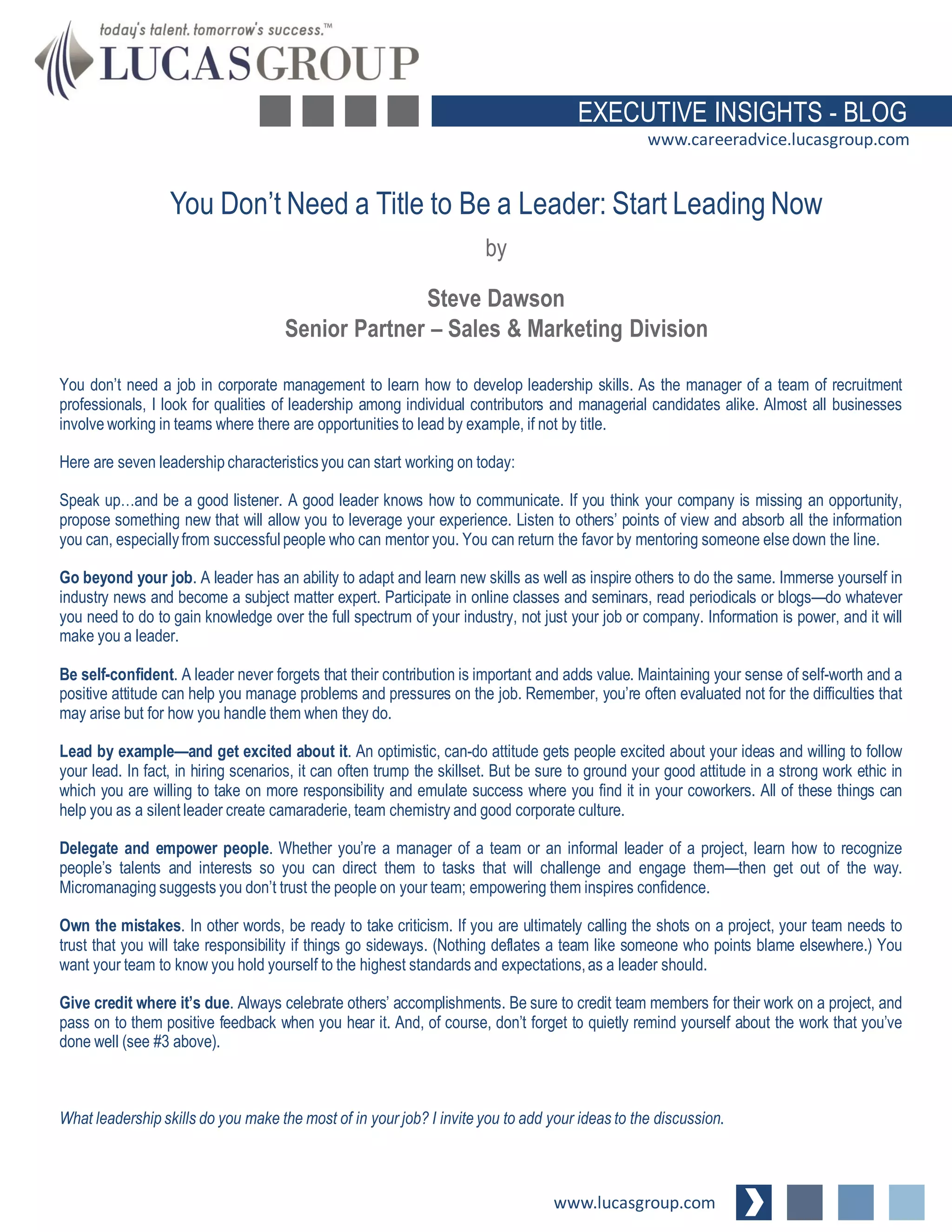 You Don’t Need a Title to Be a Leader: Start Leading Now. | PDF