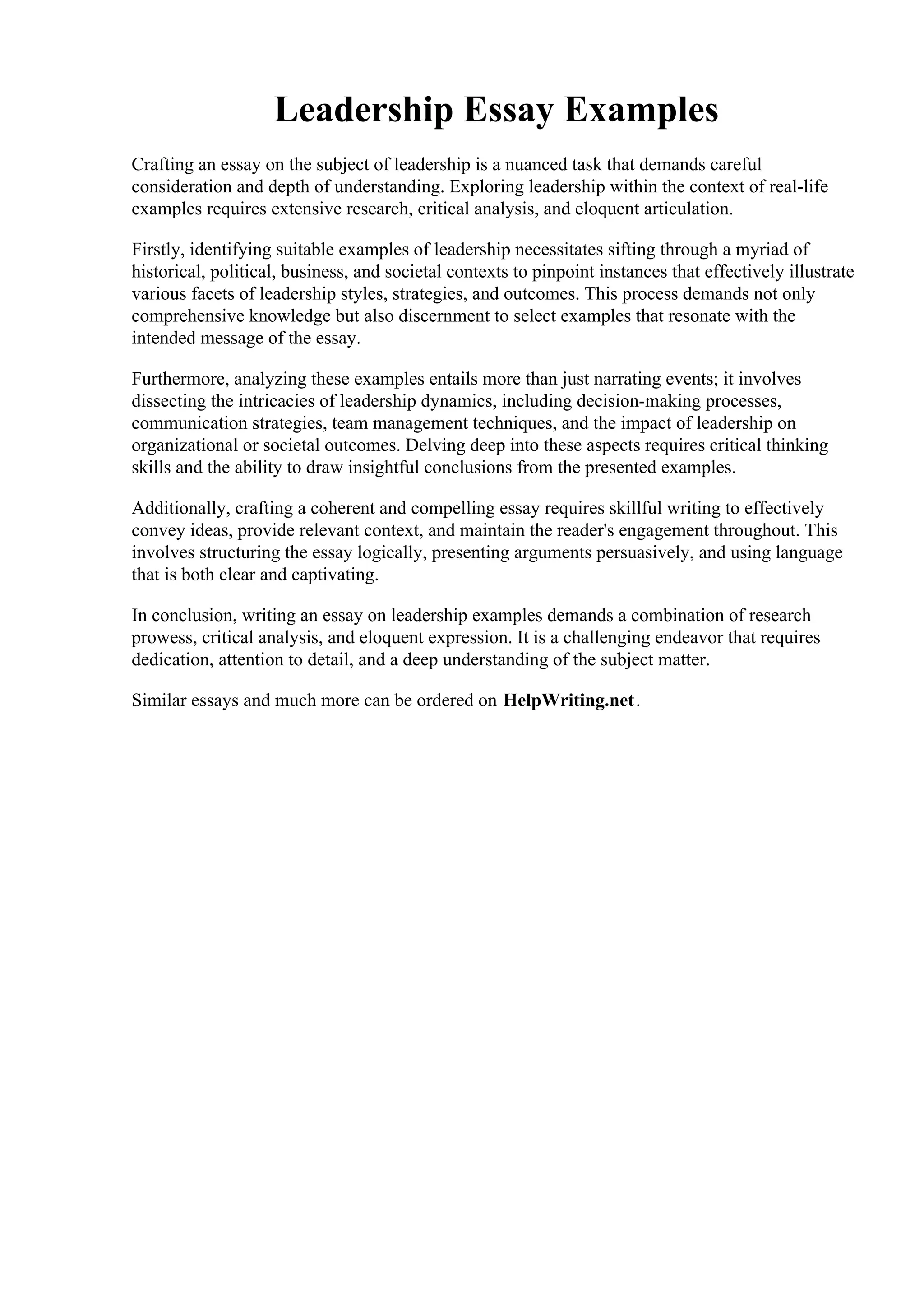 Leadership Essay Examples. Leadership essay | PDF