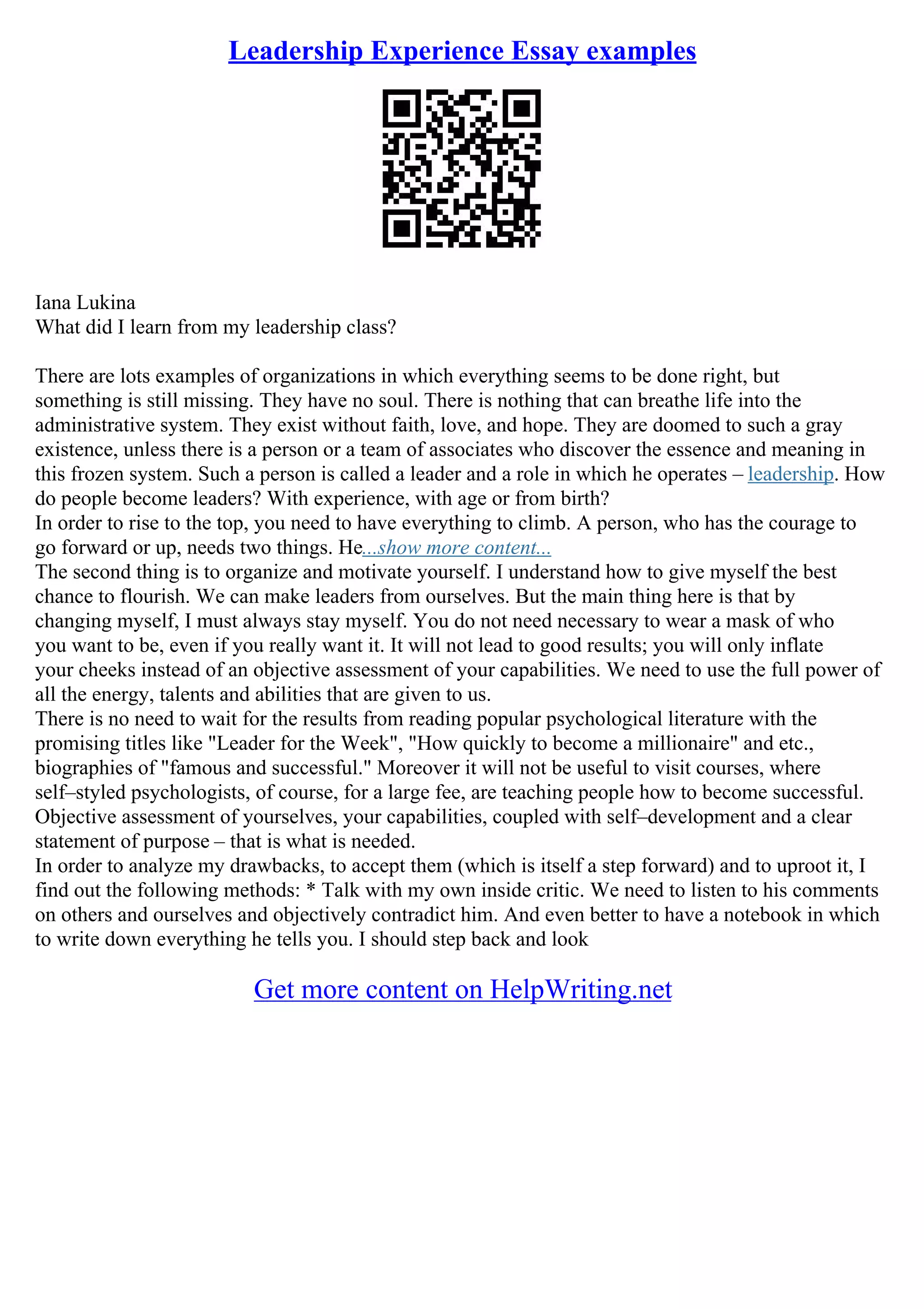 Leadership Experience Essay | PDF