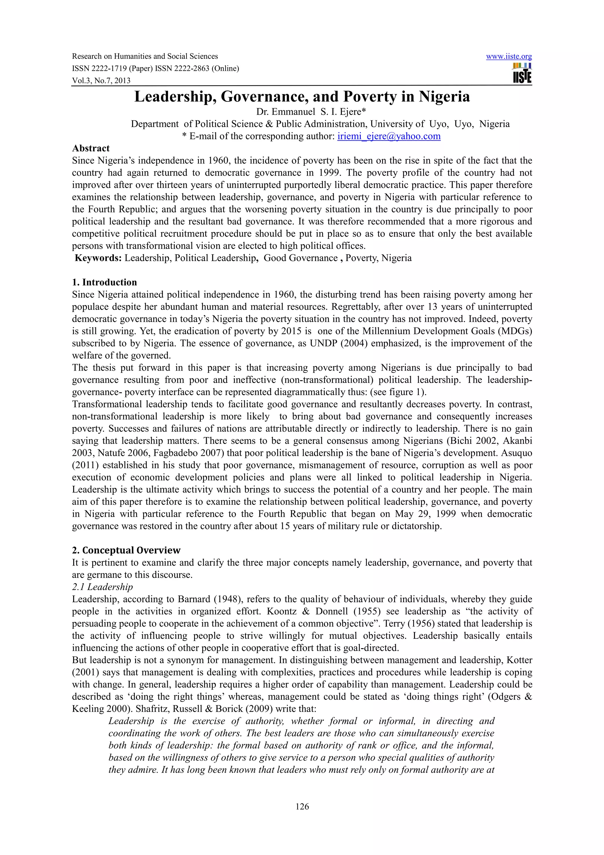 Leadership, governance, and poverty in nigeria | PDF