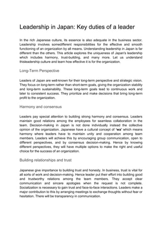 Leadership in Japan Key duties of a leader | PDF