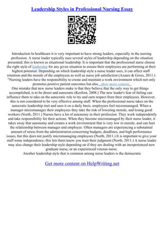Leadership In Nursing Essays | PDF