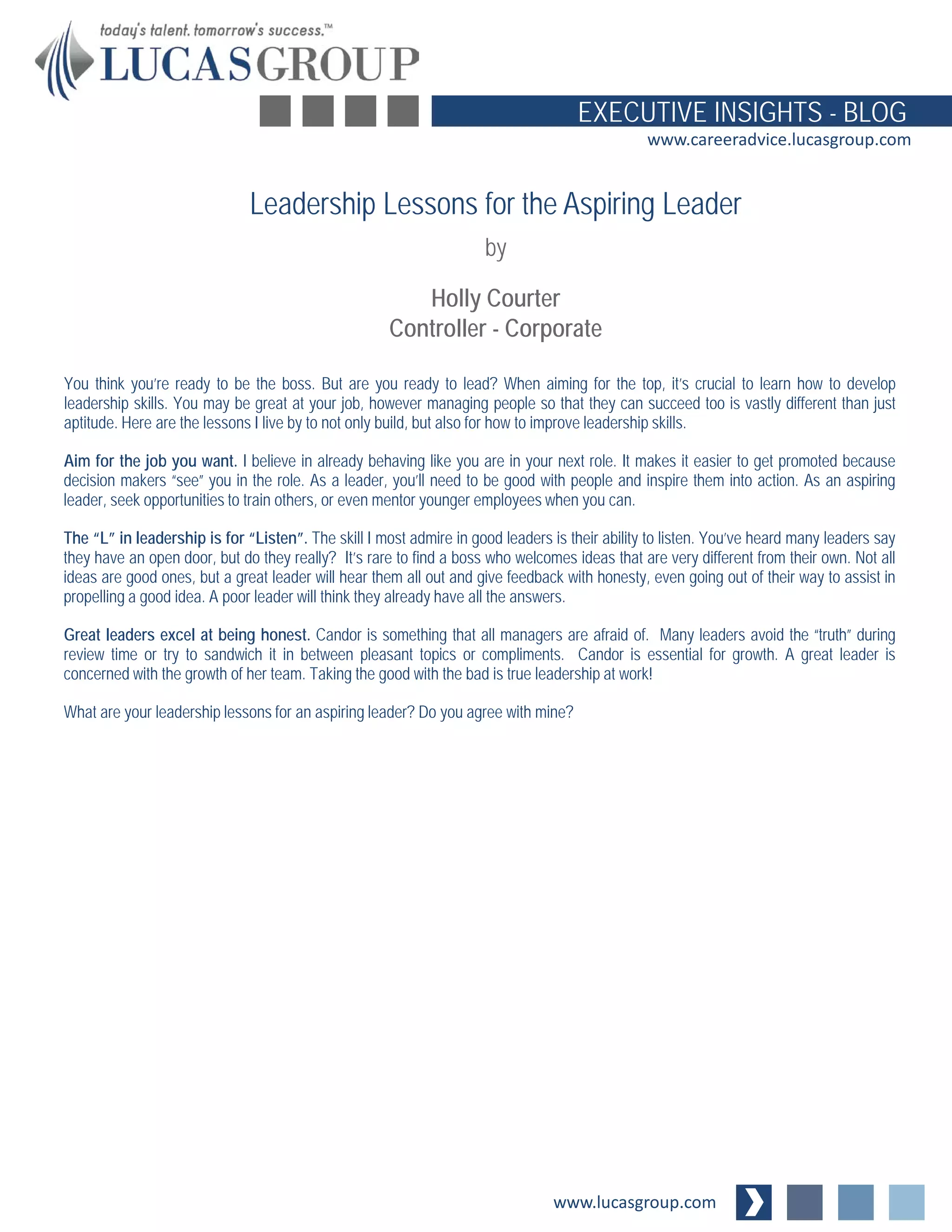 Leadership Lesson for the Aspiring Leader | PDF