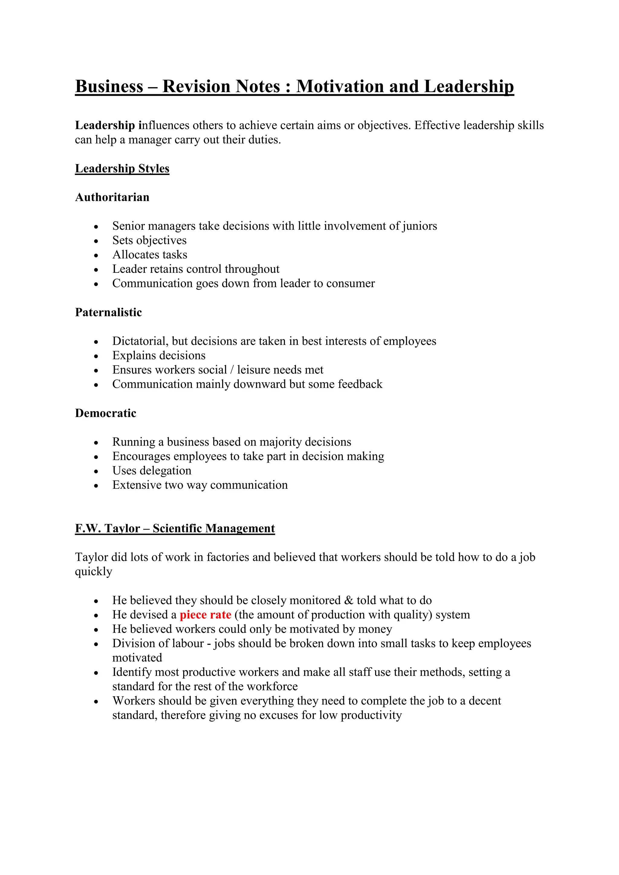 Leadership & motivation revision notes | PDF