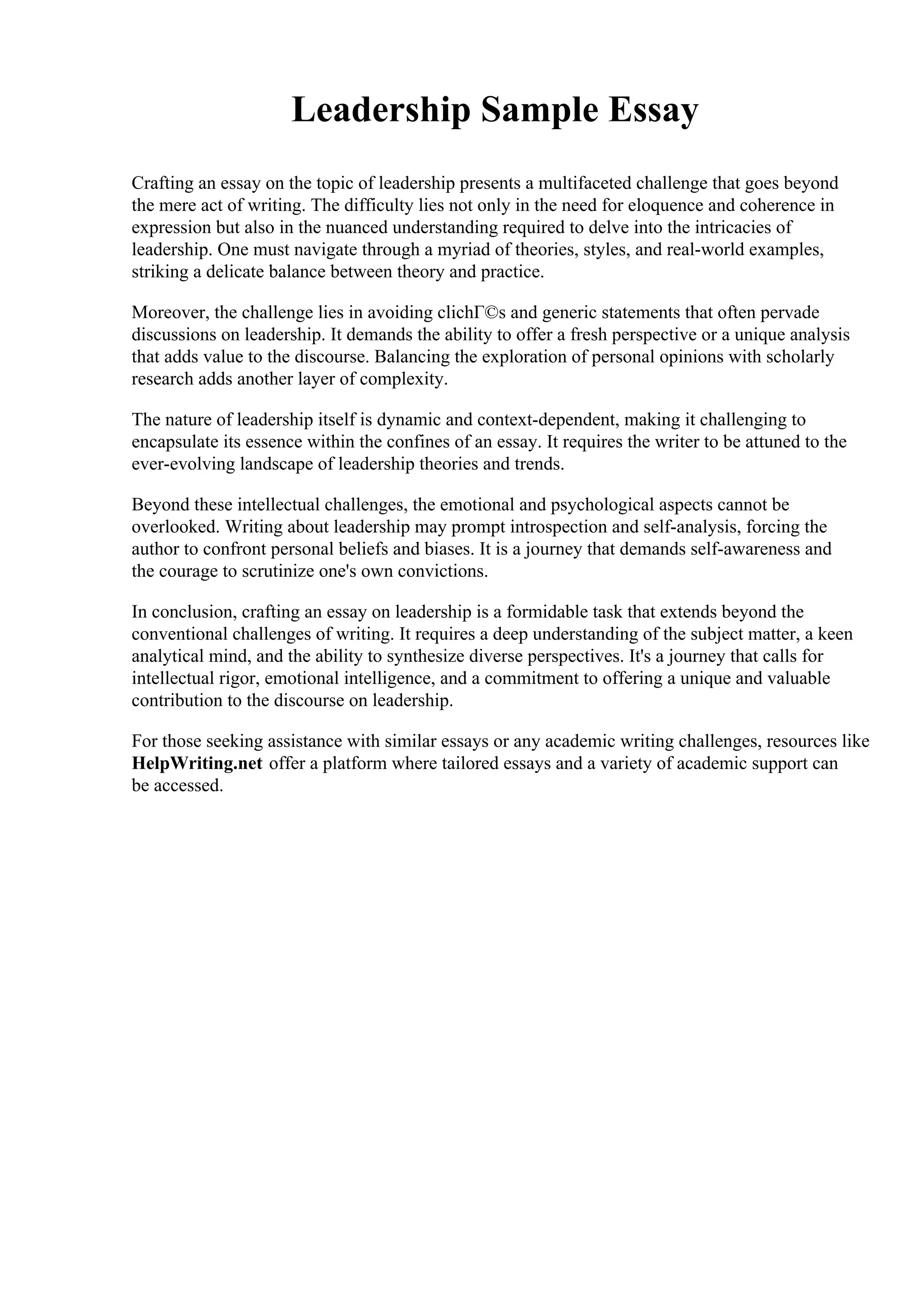 Leadership Sample Essay. University of Massachusetts Lowell | PDF