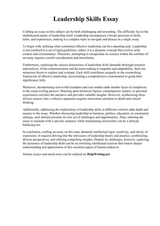 Leadership Skills Essay. York College of Pennsylvania | PDF