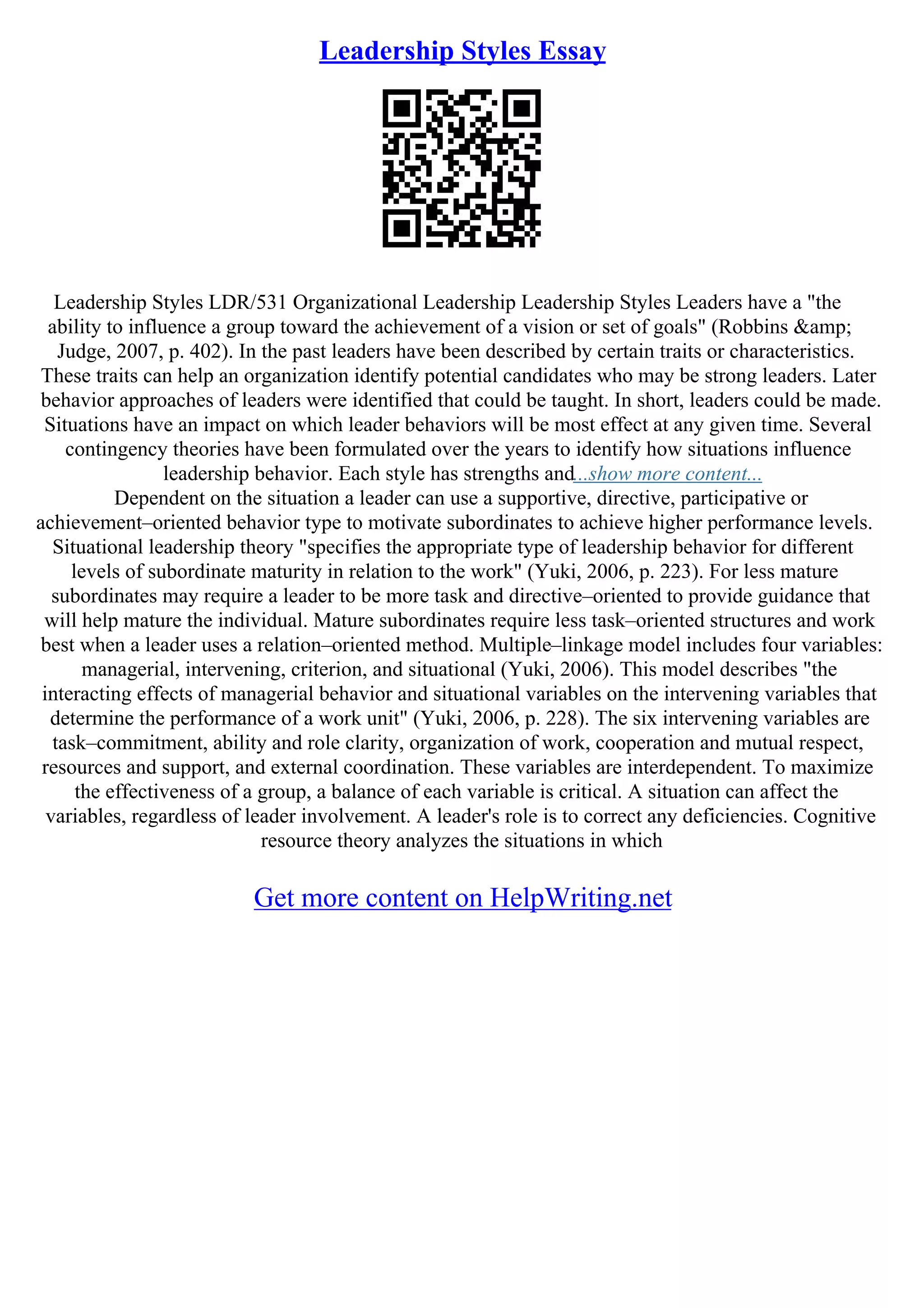 Leadership Styles Essay | PDF