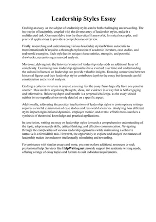 Leadership Styles Essay. Leadership Essay Example Essay examples, Essay ...