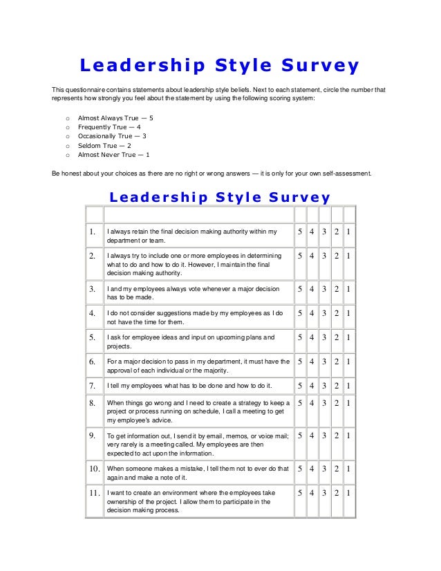 Printable Leadership Style Quiz Printable Leadership Style Quiz
