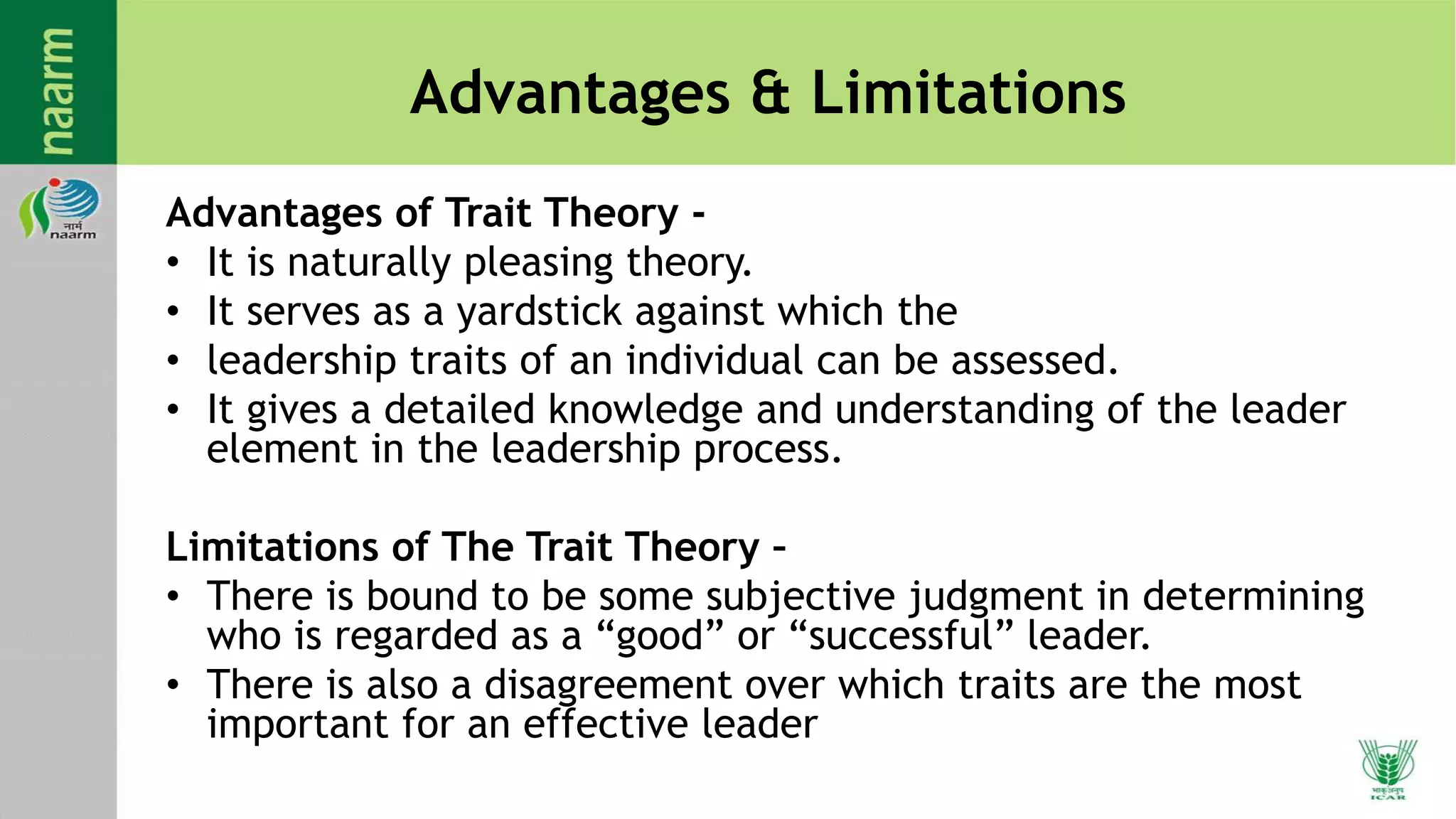 Leadership theories: Advantages and Limitations | PPTX