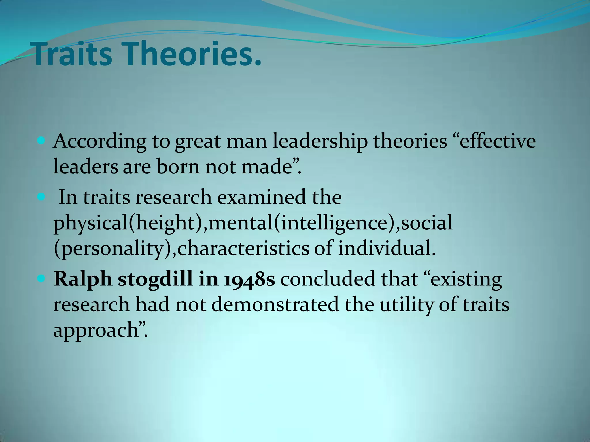 Leadership theories and studies | PPTX | Business | Business and Finance