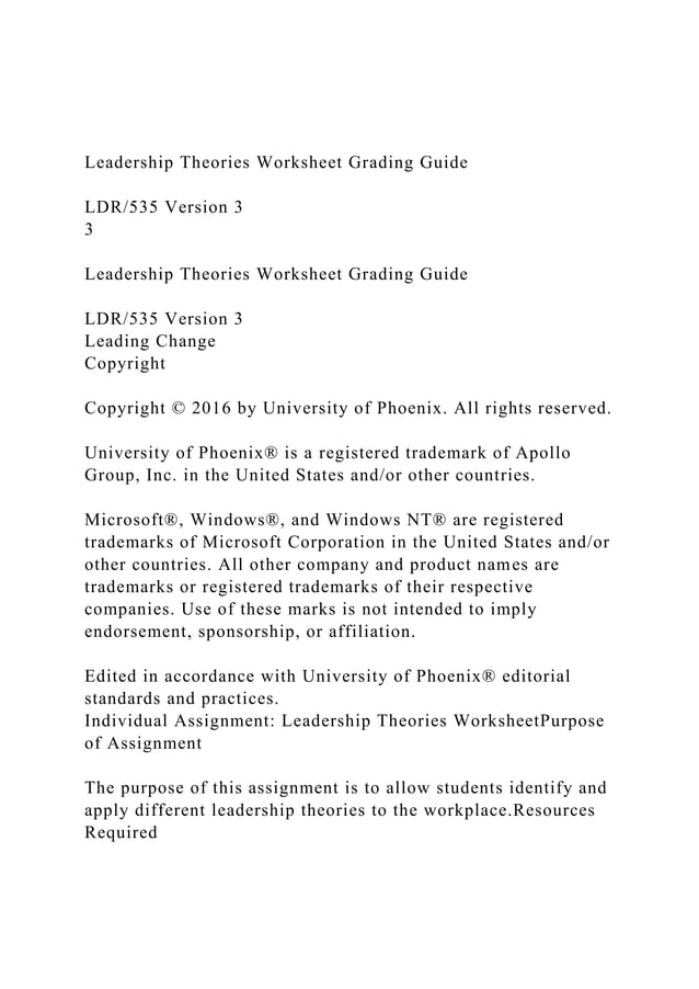 Leadership Theories Worksheet Grading GuideLDR535 Version 3.docx ...