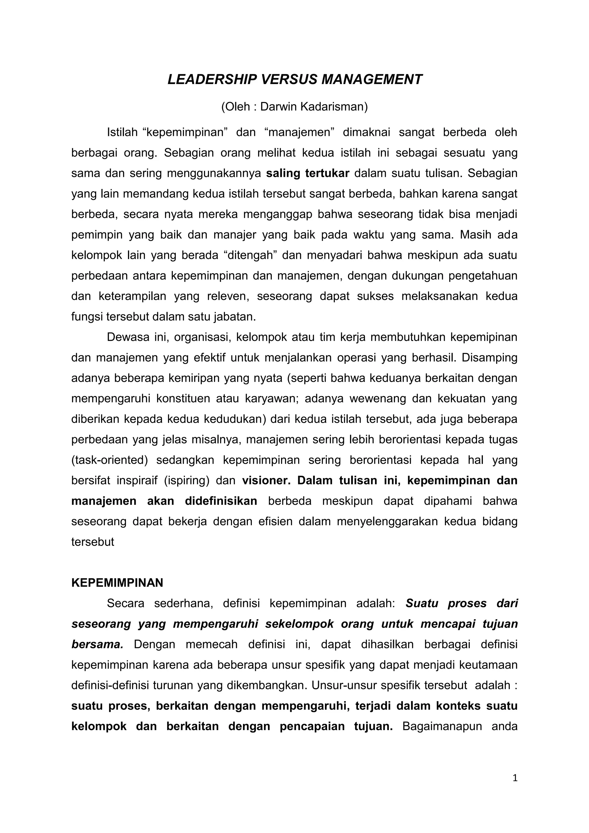 Leadership versus management | PDF