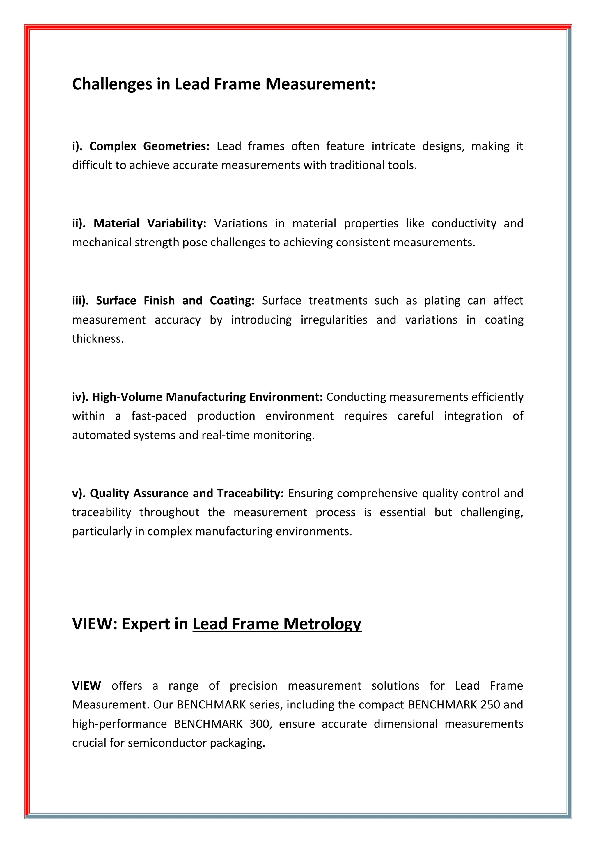 Lead Frame Measurement | VIEW Micro Metrology | PDF
