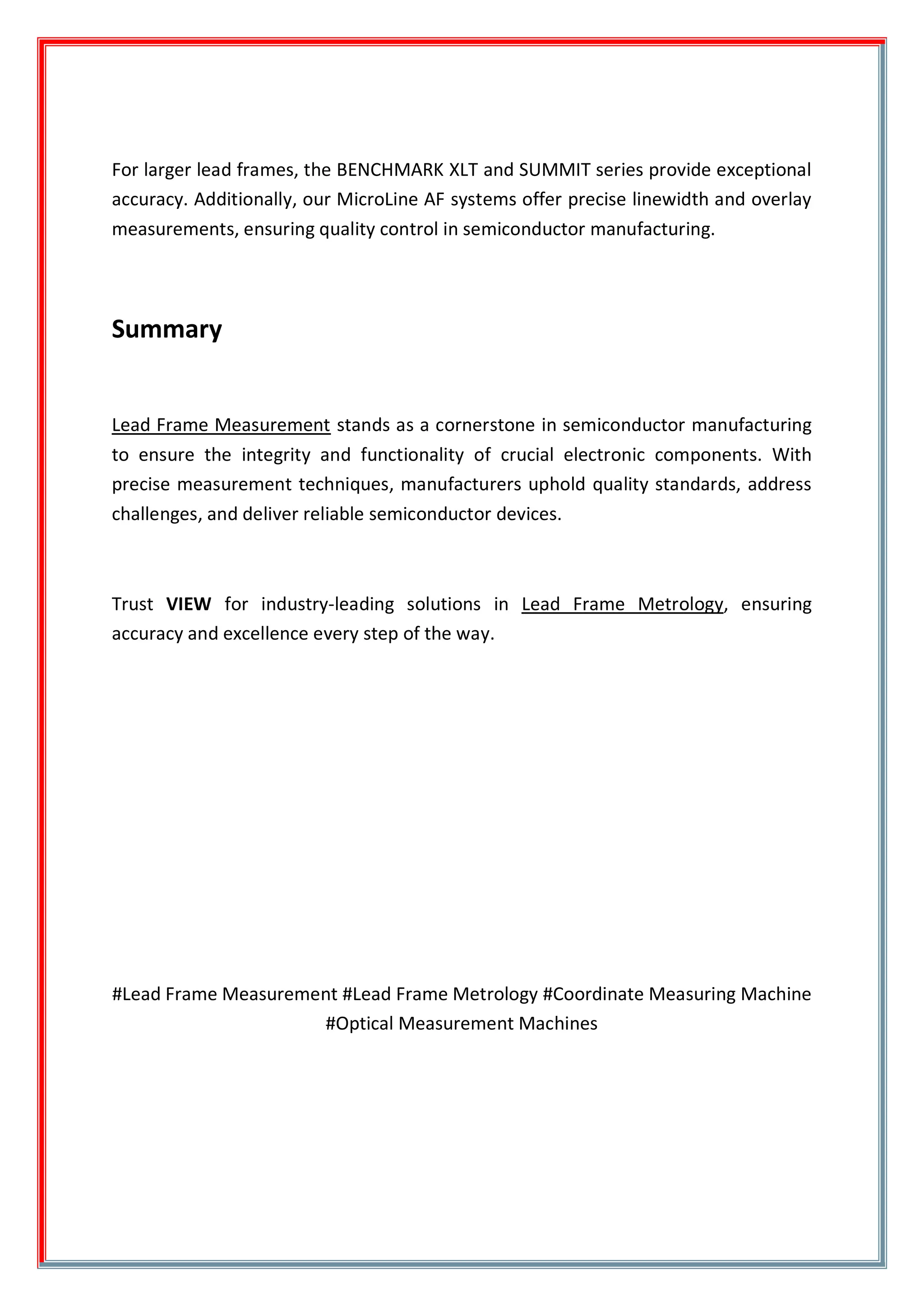 Lead Frame Measurement | VIEW Micro Metrology | PDF
