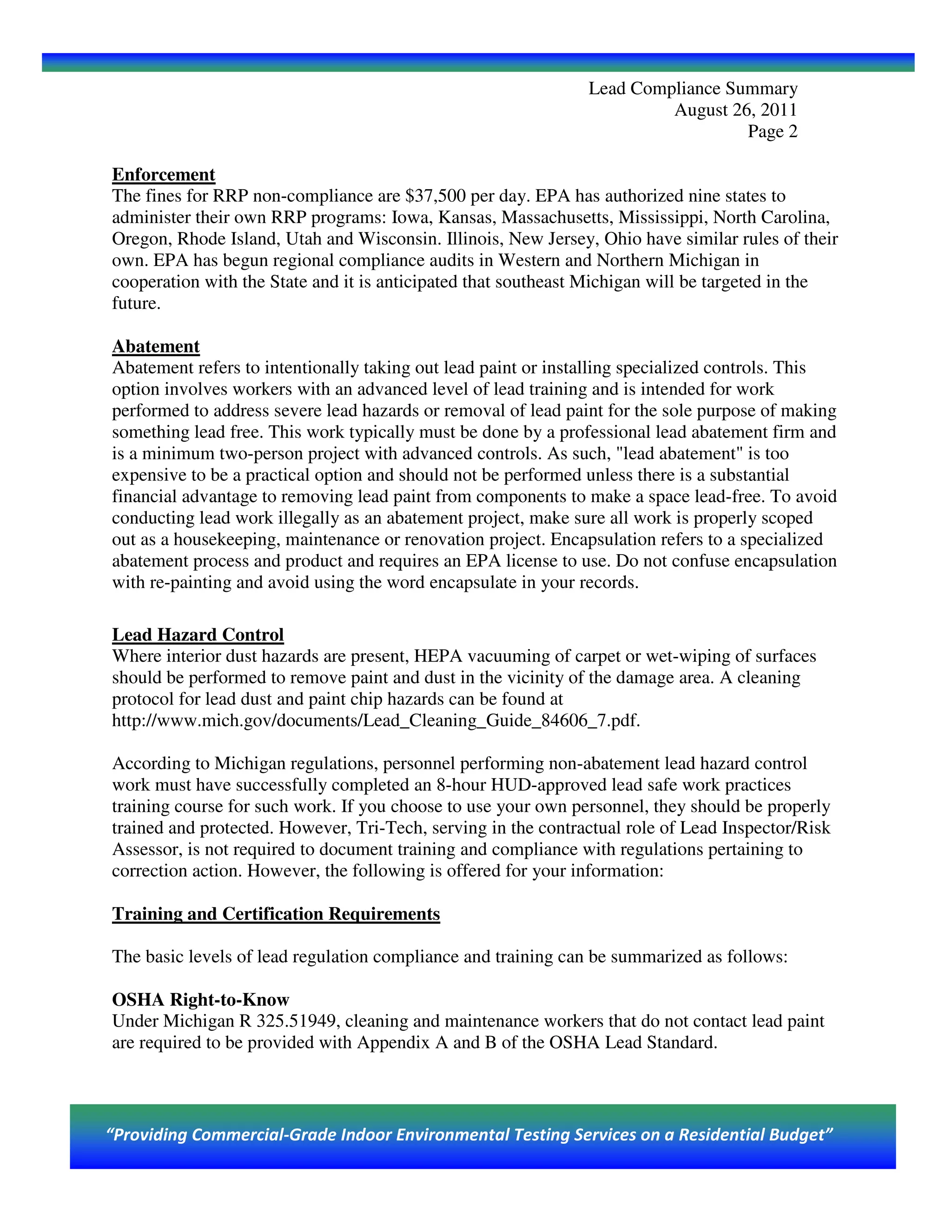 Lead regulation compliance summary | PDF