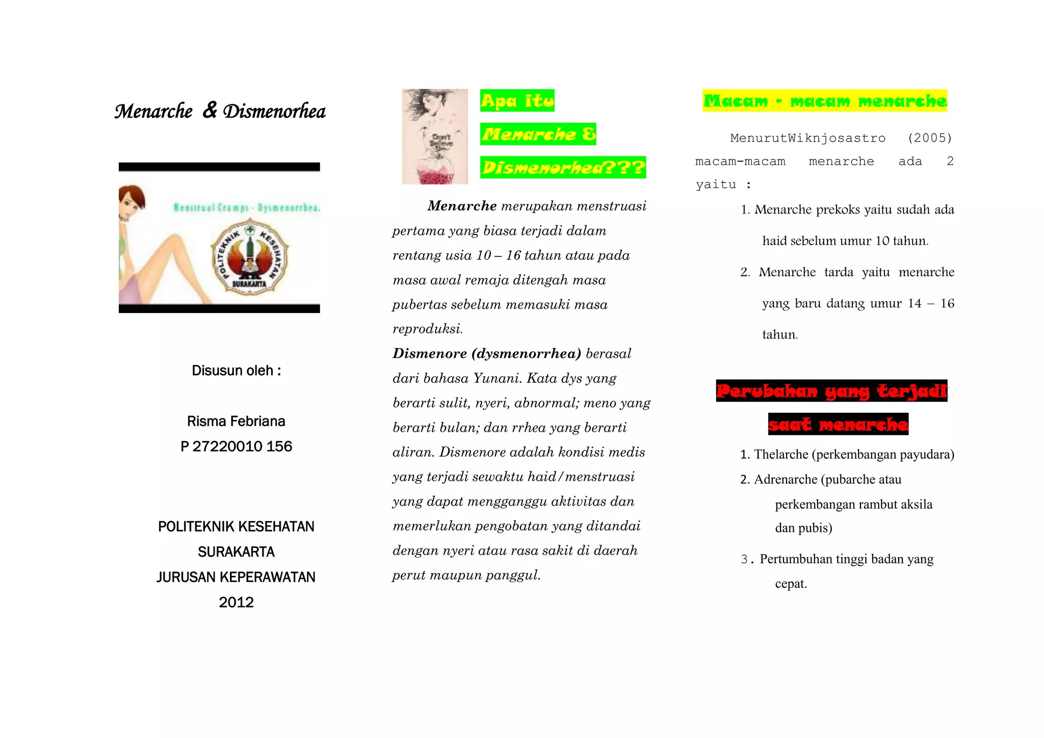 Leaflet menarche & dismenorhea | DOCX