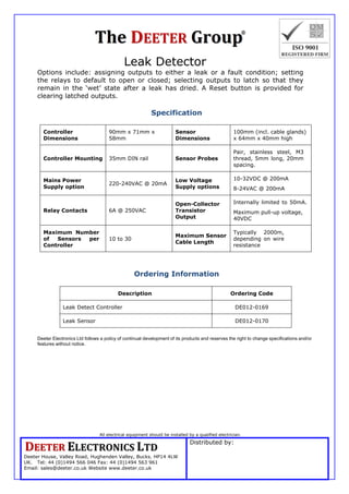 Deeter Leak Detector - Spec Sheet | PDF