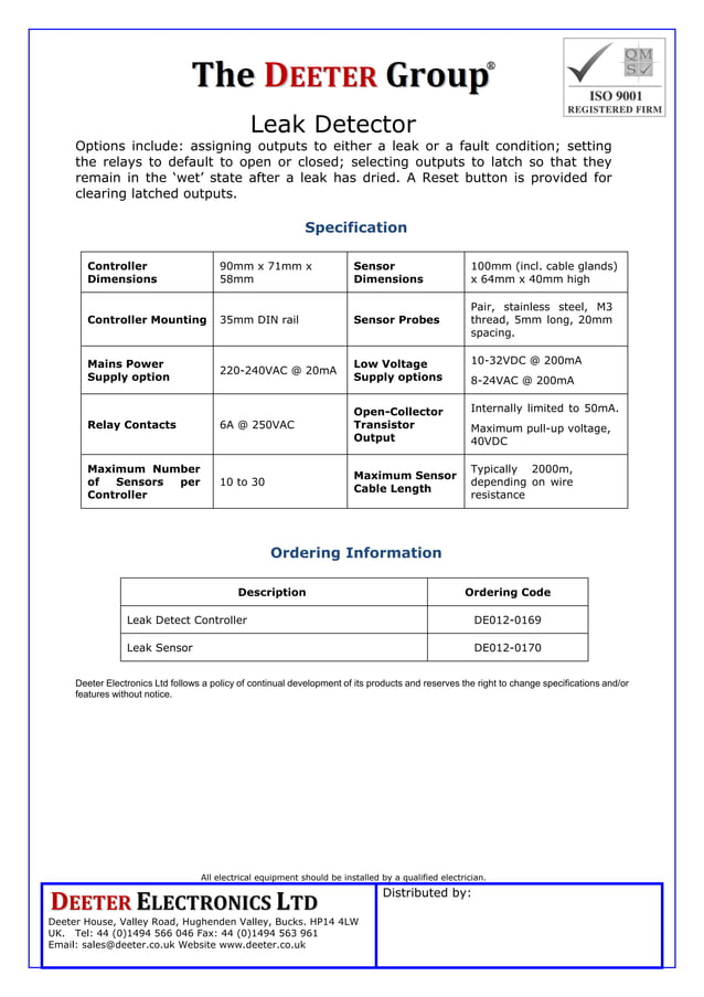 Deeter Leak Detector - Spec Sheet | PDF