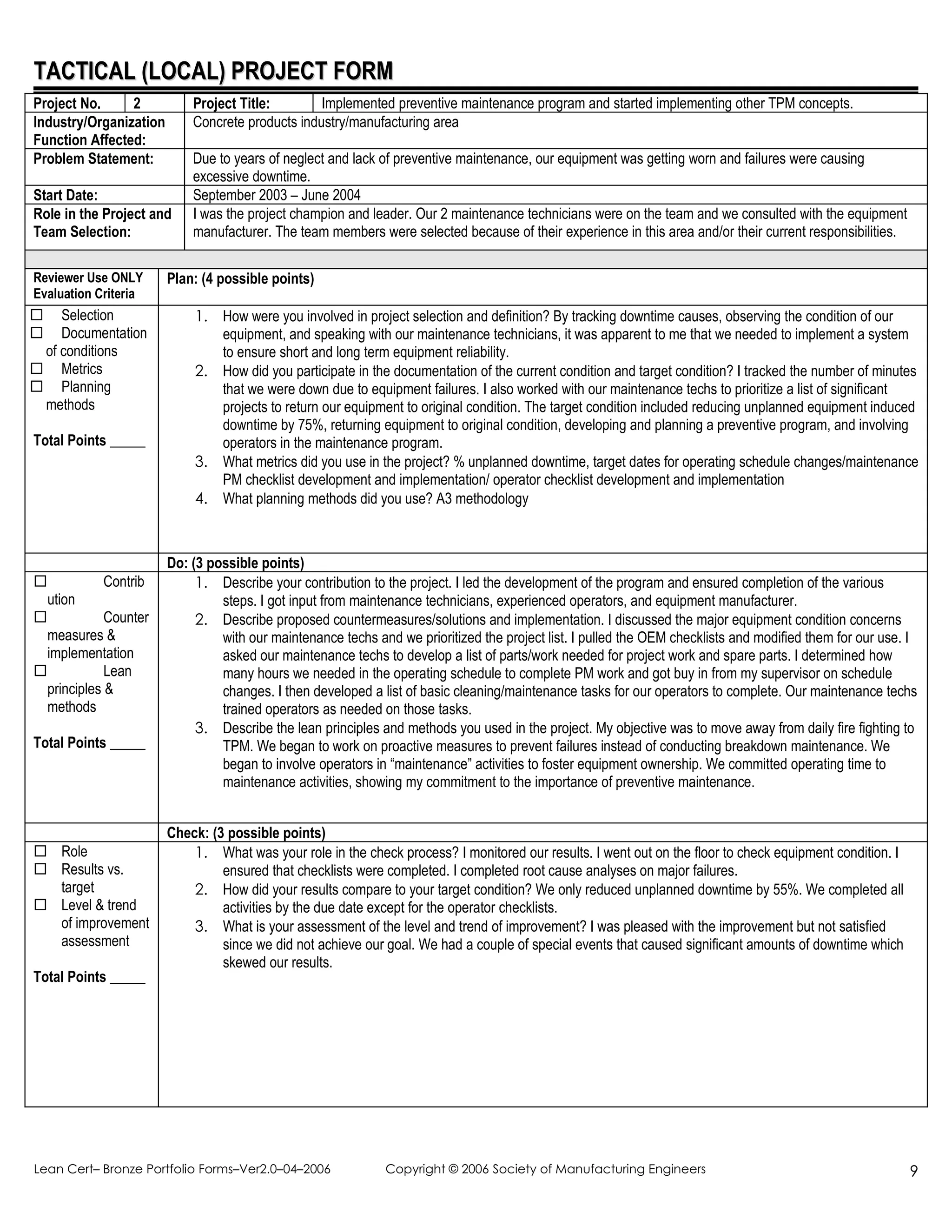 Lean projects completed - VanSant | DOC