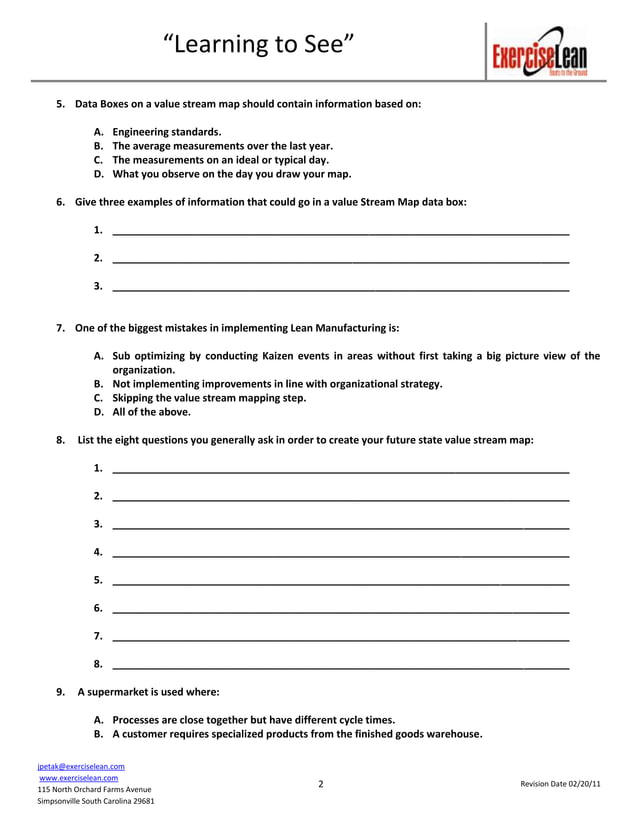 Lean Manufacturing Exam Questions Mar 2011 | DOCX
