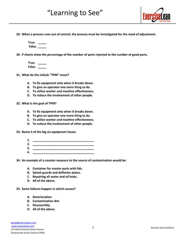 Lean Manufacturing Exam Questions Mar 2011 | DOCX