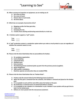 Lean Manufacturing Exam Questions Mar 2011 | DOCX
