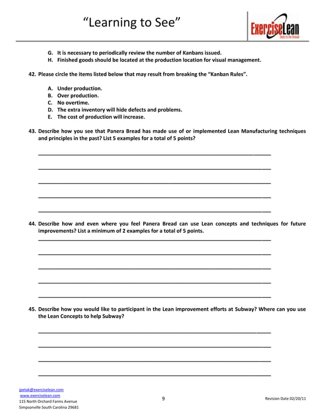 Lean Manufacturing Exam Questions Mar 2011 | DOCX