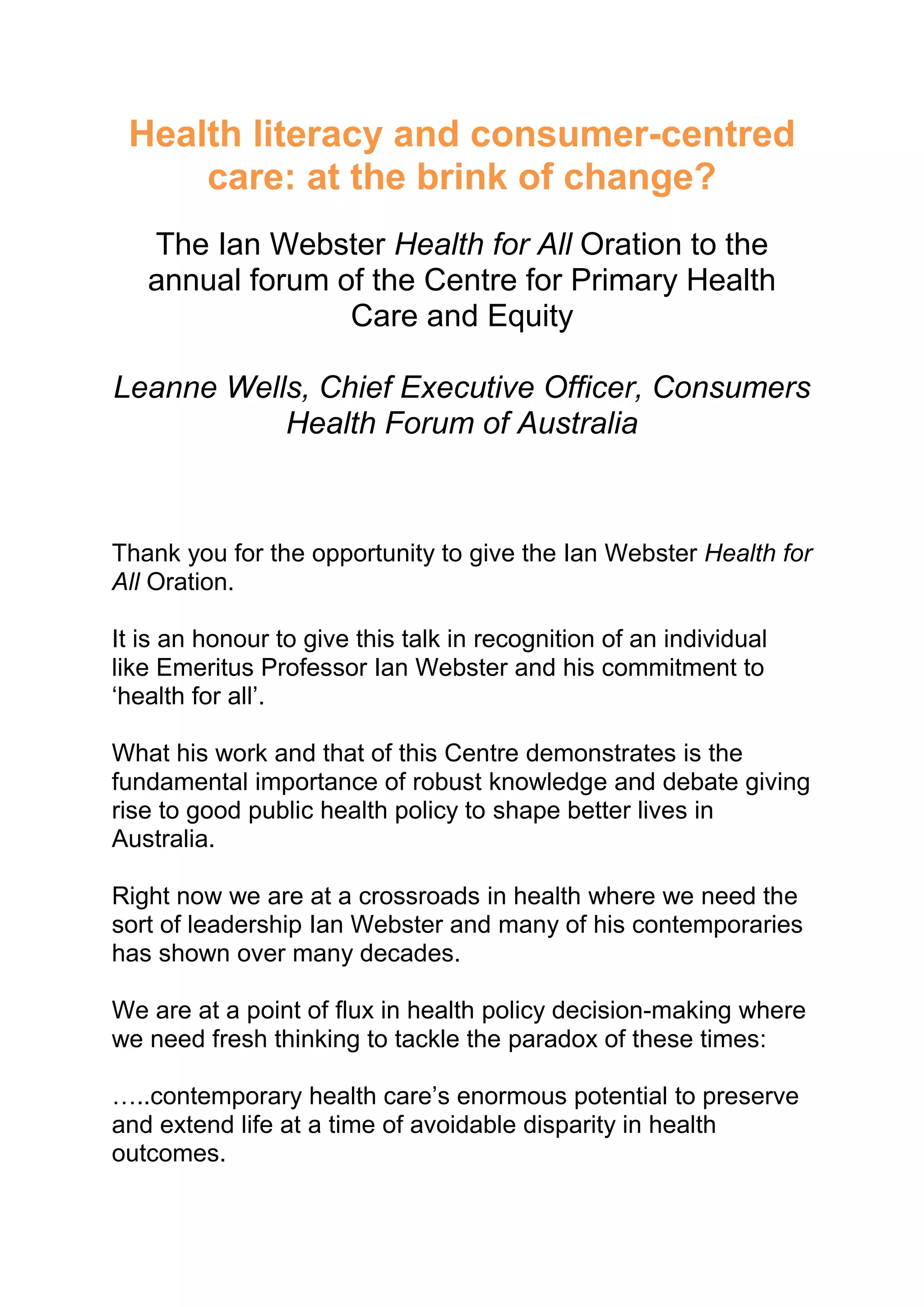 Health literacy and consumer-centred care: at the brink of change? | PDF