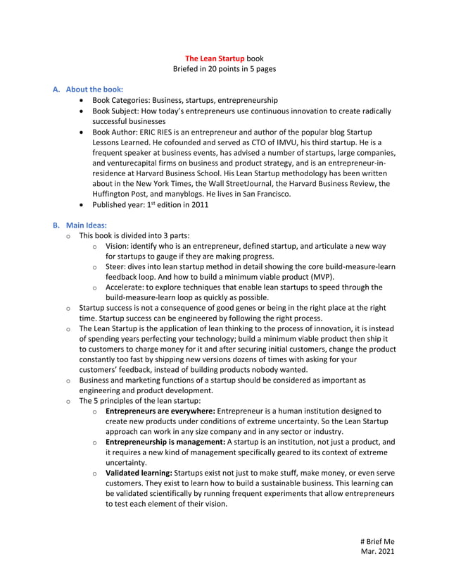 Summary of "The lean startup book by ERIC RIES" | PDF