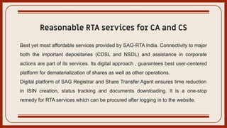 Registrar and Transfer Agent Services from SAG-RTA India | PDF
